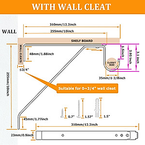 YISHELFS Heavy Duty Closet Rod Bracket, Adjustable Closet Shelf & Rod Brackets White Closet Rod Holders for 3/4" Wall Cleat, Adjustable for Rear Cleat Strip, Closet Rod Support Bracket, Set of 2