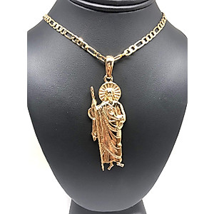 Fran & Co. Jewelry Gold Plated Big Saint Jude Pendant Necklace Figaro 26" San Judas Tadeo Medalla XL Cadena Oro