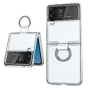 MAKAVO for Samsung Galaxy Z Flip 4 Clear Case with Ring Holder, [Upgraded] Slim Thin Crystal Hard PC Shockproof Protective Phone Cover for Flip4 5G 2022