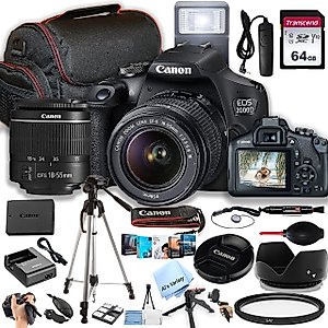 Canon EOS 2000D / Rebel T7 DSLR Camera w/EF-S 18-55mm F/3.5-5.6 Zoom Lens + 64GB Memory, Case, Tripod, Flash, Remote, and More (32pc Bundle) (Renewed)