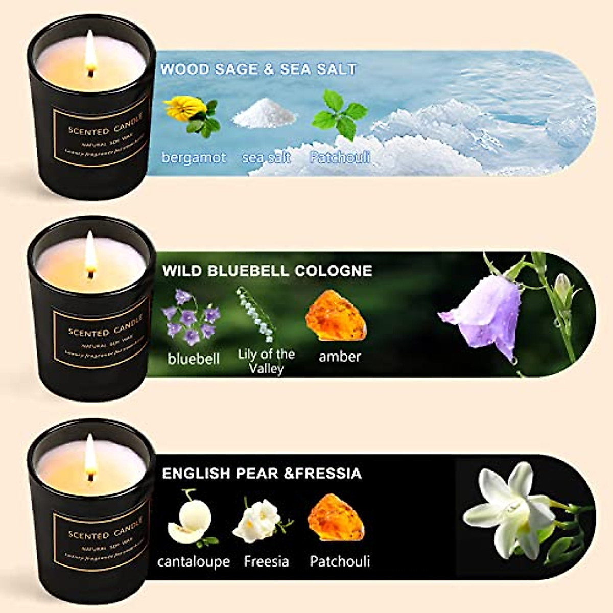 SAOTAENG 3 Pcs Candles for Home Scented, Christmas Candles Natural Soy Wax Candles with Blue Wind Chimes, Sea Salt, Freesia