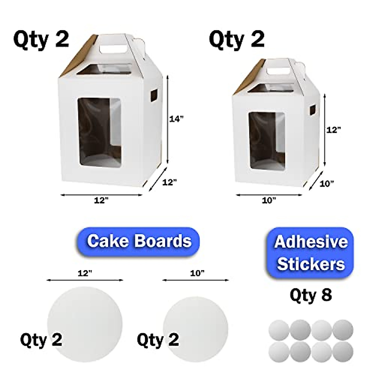 CAKINBOX Tall Cake Boxes with window and Cake Boards in 2 sizes 10x10x12 & 12x12x14 Tall Cake Carrier, Tiered Cake Box, Layer Cake, tier cake boxes, large cake box (PACK 4)