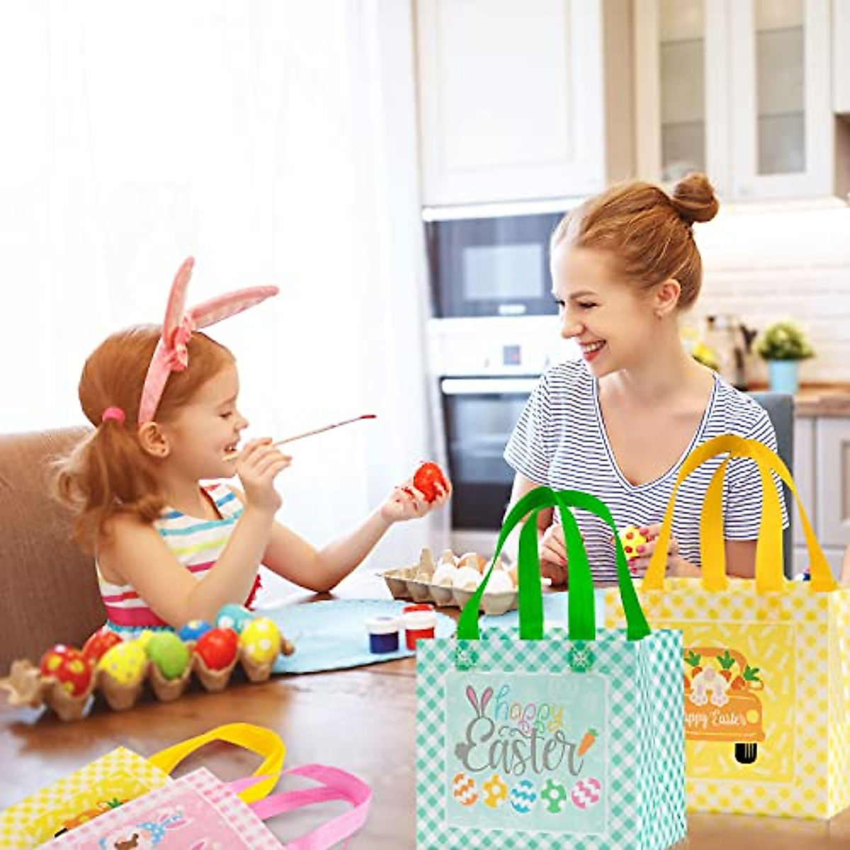 Whaline Easter Reusable Gift Bag Buffalo Plaids Tote Bags with Handles Non-Woven Bags Grocery Shopping Bag Easter Bunny Egg Gnome Party Treat Bag Goodie Bag for Egg Hunt Game, 8 Pack