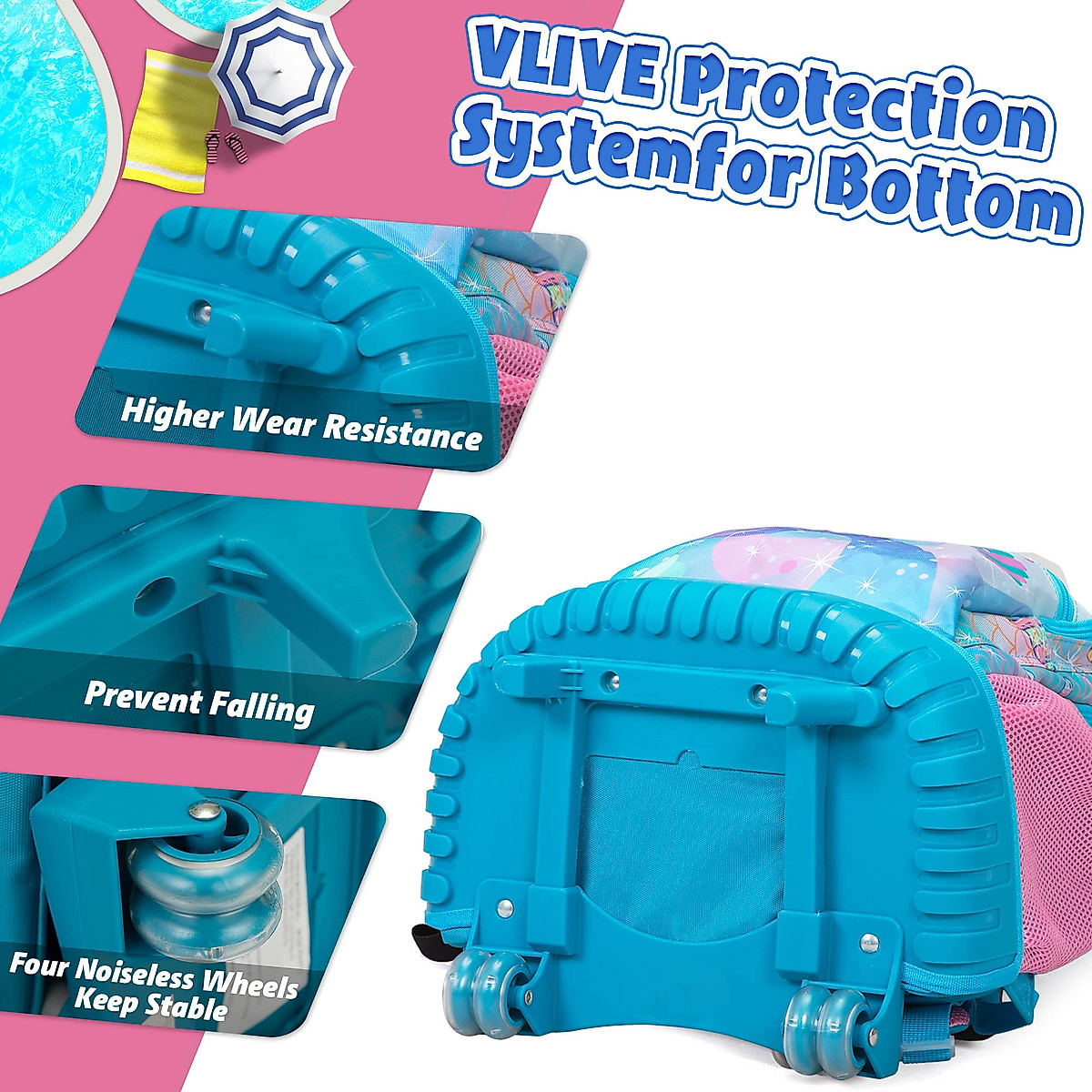 VLIVE Rolling Backpack Set for Girls, Wheeled Kid Backpack w/Lunch Bag & Pencil Case, 20 Inch (Mermaid)