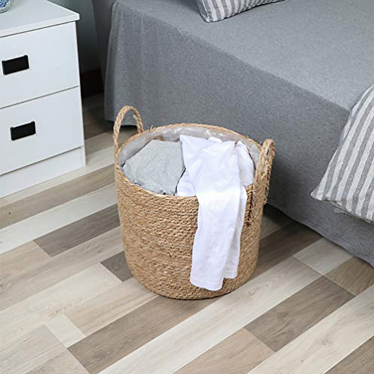 Cabilock Seagrass Plant Basket Hand Woven Belly Basket Bin Straw Beach Bag Panier with Handles for Laundry Picnic Plant Pot Cover Flower Home Toys Decor 25CM Khaki