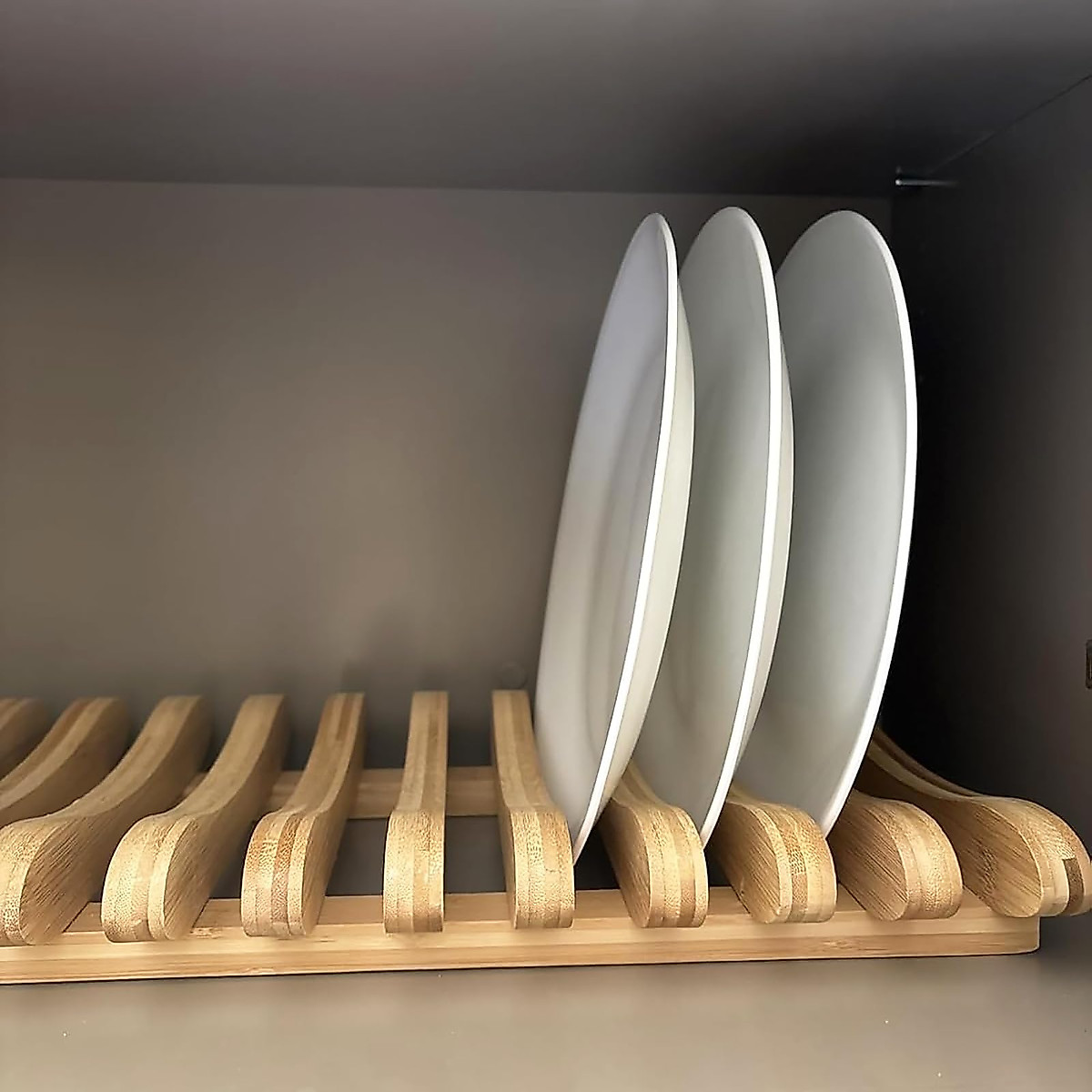 Frcctre Bamboo Dish Drying Rack, 10 Slots Bamboo Cabinet Plate Stand Dish Drainer Wooden Plate Rack Pot Lid Holder Kitchen Dish Plate Storage Organizer for Countertop Cabinet