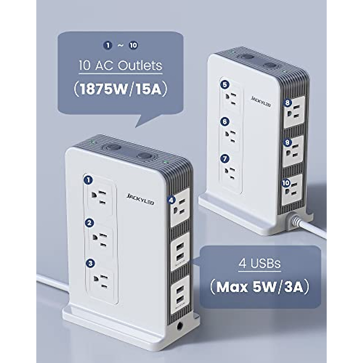 Power Strip Surge Protector Tower - JACKYLED 10 Outlet 4 USB Vertical Charging Station, 1875W 15A, 1080J with 6ft Heavy Duty Extension Cord for Multiple Devices, Home Office Dorm RV