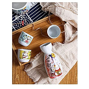 Japanese Maneki Neko Ceramic Sake Set ~ 5 Piece Sake Set (Included 1 TOKKURI Bottle 200ml and 4 OCHOKO Cups) with Cute Japanese Lucky Fortune Cat Pattern