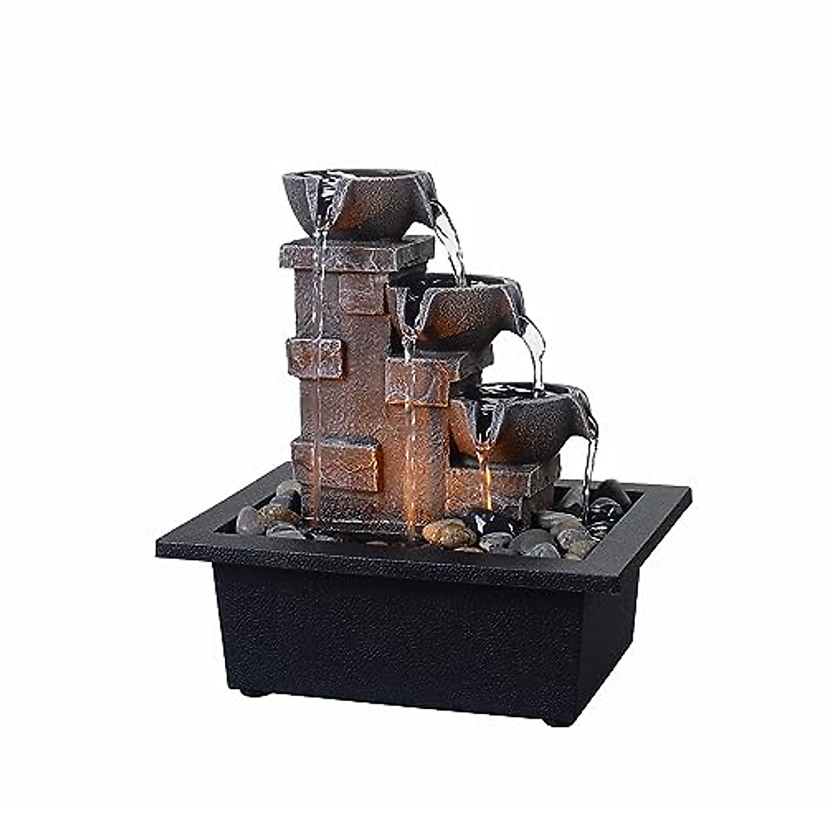 GOSSI Home Décor Imitation 3-Tier Stone Wall Tabletop Fountain Many Natural River Rock Office Relaxing Waterfall Meditation Tabletop Fountain LED Lights Fountain(22070)