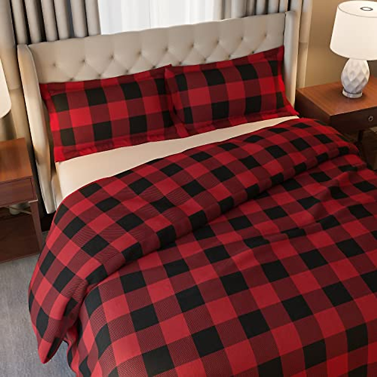 Mellanni Duvet Cover Queen Set - 100% Organic Cotton Buffalo Plaid Duvet Cover - Button Closure & Corner Ties - Organic Cotton Duvet Cover Set - Home Bedding (Queen, Red Buffalo Check)