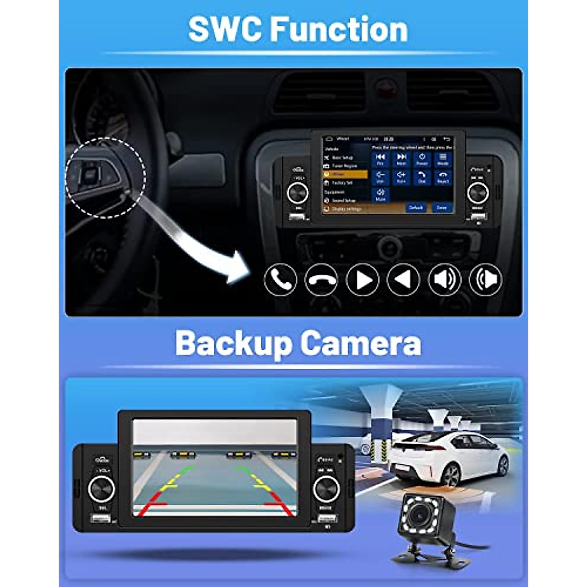 5'' Single Din Apple Carplay Car Stereo with Android Auto, Hikity HD Touch Screen Car Radio Bluetooth 5.1, Mirror Link, FM, Siri, SWC, Dual USB Input, Car Audio with Mic, Remote Control, Backup Cam