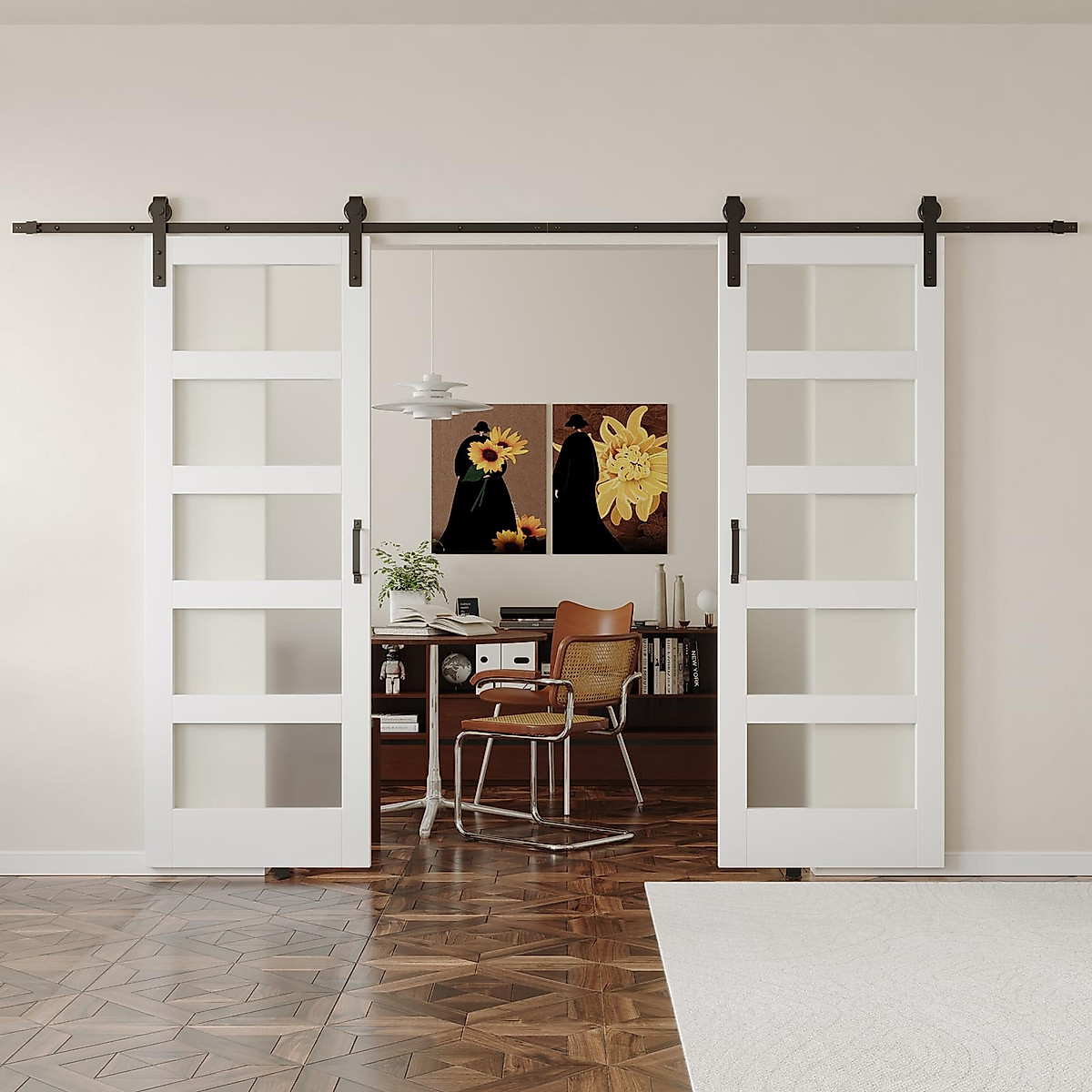 ARKHJEM Double 30''x84'' Frosted Glass Barn Door x 2, DIY Interior Barn Doors for Home 5 Lattices of Clear Glass Easy Installation for Living Room(No Hardware Include)