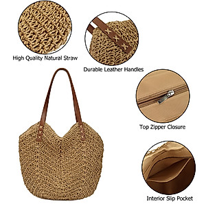 Womens Large Straw Tote Bag Handmade Woven Beach Shoulder Bag Top Handbag Purse for Summer, Brown