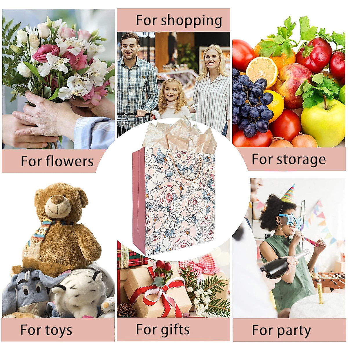 AMROSE Large 13'' Gift Bag withTissue Paper and Card, Recyclable Paper Gift Bag for Birthdays, Thanksgiving, Christmas, Mother's Day, Wedding, Engagement, Parties and More,Watercolor Floral