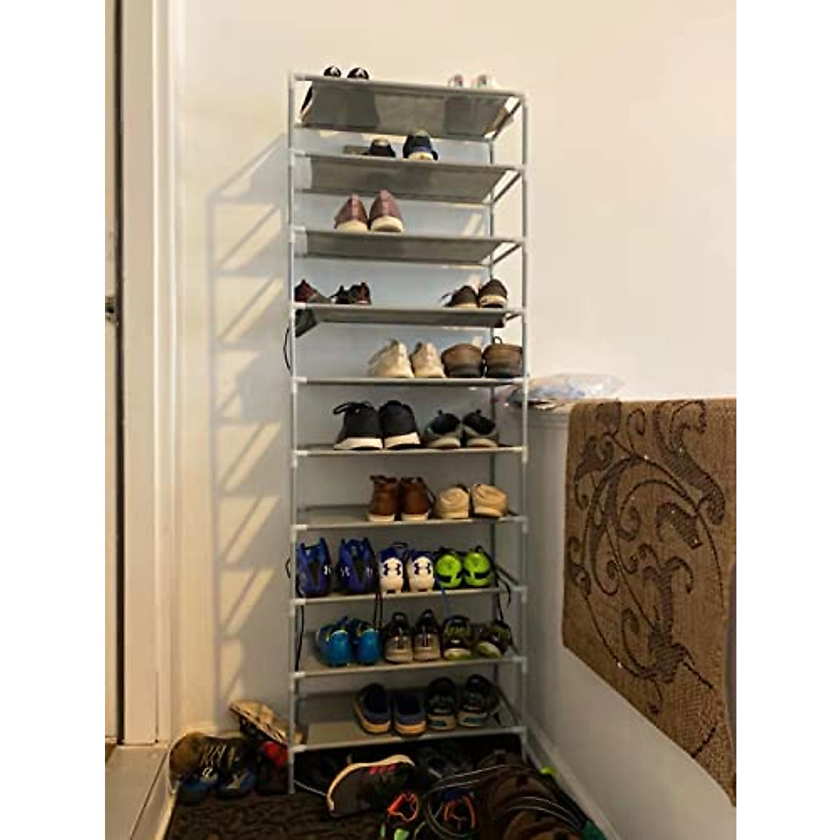 Fansdurack Shoe Rack-Shoe Rack Storage Organizer 10 Tier Shelf 9 Tier Non-Woven Compartment Portable Shoe Rack With Dustproof Cover Vertical Shoe Rack for Cloest Easy to Assembly (Grey)