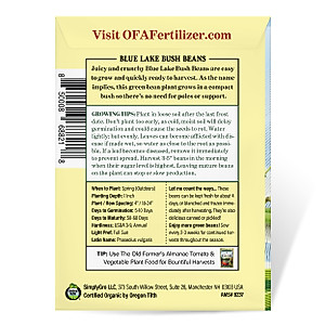 The Old Farmer's Almanac Heirloom Organic Bush Bean Seeds (Blue Lake) - Approx 45 Seeds - Certified Organic, Non-GMO, Open Pollinated, Heirloom, USA Origin