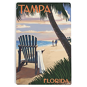 Lantern Press 12x18 Inch Metal Sign, Tampa, Florida, Adirondack Chair on The Beach