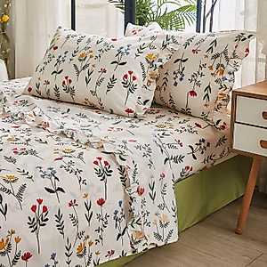 Floral Sheet Set Full Size, Flower Botanical Bedding Sheets with 1 Floral Flat Sheet, 1 Flower Fitted Sheet, 2 Pillowcases, Pastoral Style French Country Bed Sheets