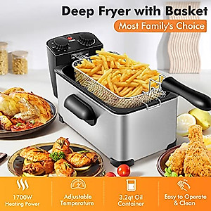 COSTWAY Deep Fryer with Basket, 3.2Qt Stainless Steel Electric Oil Fryer w/Adjustable Temperature, Timer, Lid with View Window, Professional Style, Deep Fryer Pot for Home Use, French Fries, Chicken