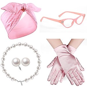 1950's Women Costume Accessories Polka Dot Hairband, Eyeglass, Faux Pearl Necklace, Stud Earring, Gloves (Pink and White)