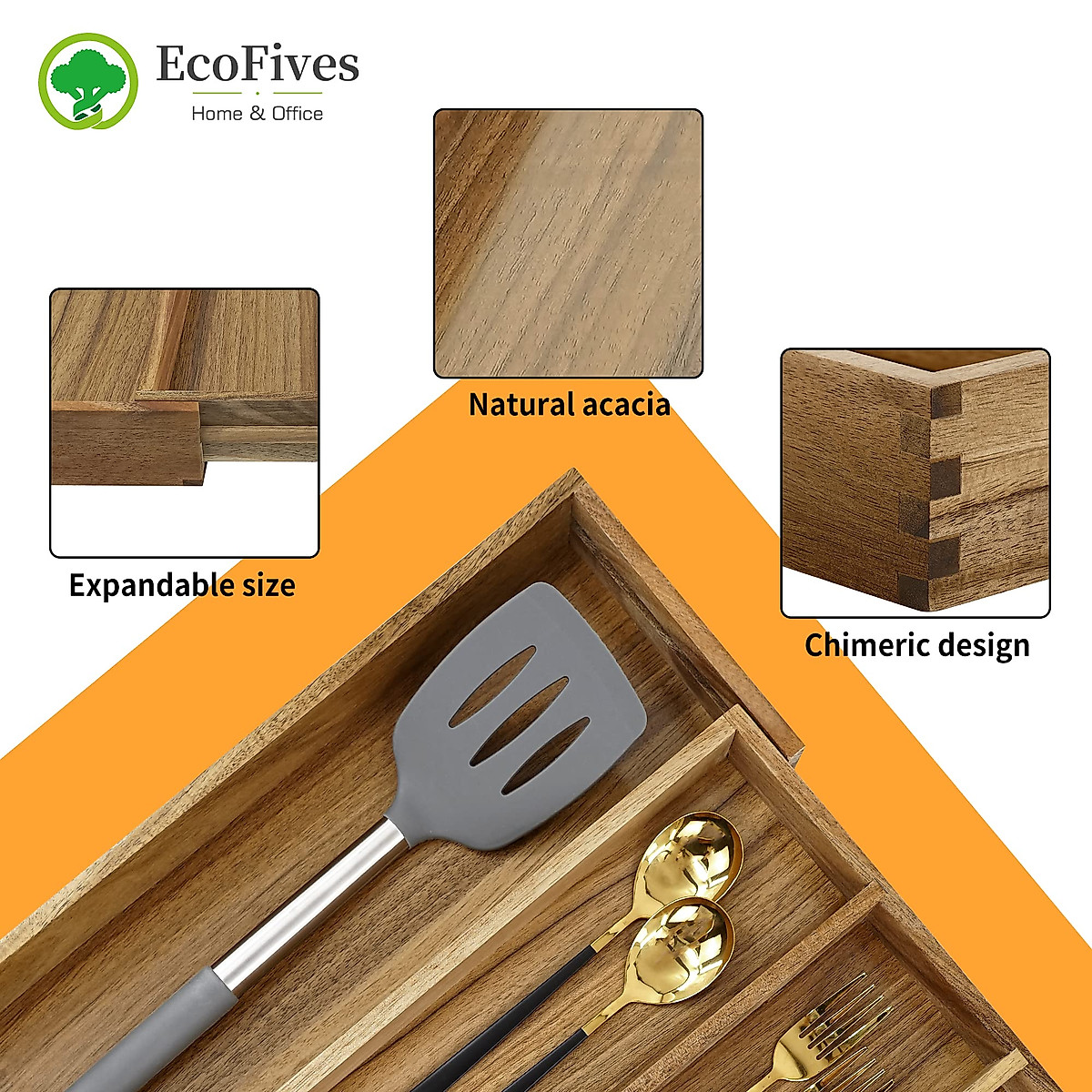 EcoFives Bamboo Silverware Organizer, Expandable Kitchen Drawer Organizer for Cutlery, Wooden Utensil Holder, Multi-Function Drawer Storage, 5-7 Compartments
