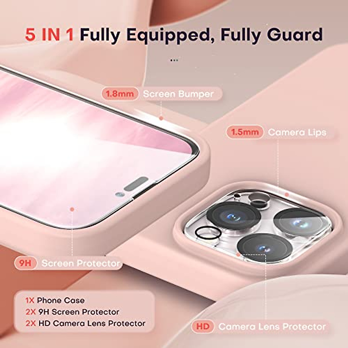 TOCOL [5 in 1 Designed for iPhone 14 Pro Case, with 2 Pack Screen Protector + 2 Pack Camera Lens Protector, Liquid Silicone Phone Case 6.1 Inch, [Anti-Scratch] [Drop Protection], Chalk Pink