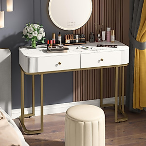 OIOG Console Tables for Entryway, Marble Grain Sofa Table with Stroage, Makeup Dressing Table, Modern Entryway Table with 2 Drawers for Living Room, Hallway, Foyer, Bedroom, White and Gold