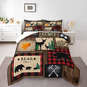 Manfei Rustic Comforter Set King Size, Wildlife Deer Bear Trees Print Quilt Set with 2 Pillowcases, Farmhouse Style Camping Bedding Set 3pcs for Kids Boys Teens Bedroom Decor