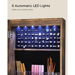 SONGMICS 6 LEDs Lockable Mirror Jewelry Cabinet,Organizer, Standing Jewelry Armoire with 4 Wheels, Mirror with Jewelry Storage, Coat Rack, Shelf, Rustic Brown and Black UJJC005X01