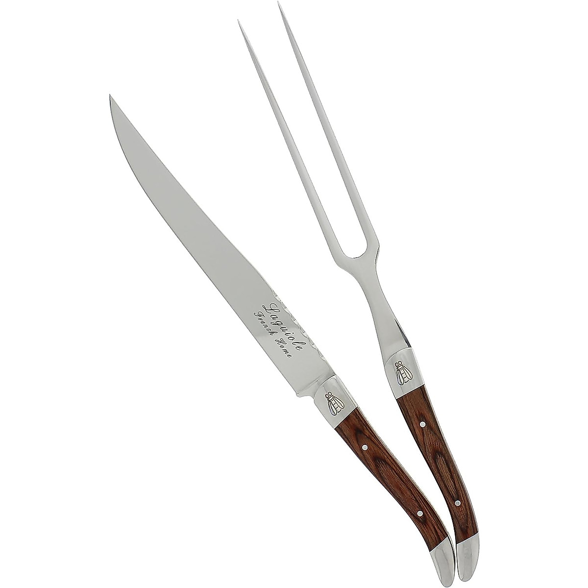 French Home Laguiole Carving Knife and Fork Set - Stainless Steel Knife & Carving Fork Cutlery Set with Pakkawood Handles, Etched Detailing & Iconic Bee Emblem