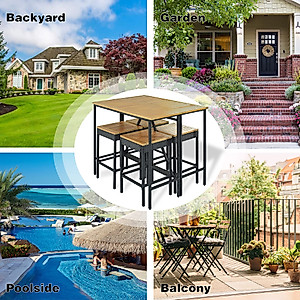 5-Piece Steel Outdoor Patio Wicker Bar Set, Garden PE Rattan Wicker Dining Table, Foldable Tabletop, Acacia Wood Tabletop with 4 Stools and 1 Wood Table. (Brown Wood + Black Wicker#1)
