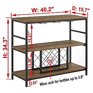 FOLUBAN Wine Rack Table with Glass Holder and Wine Storage, Industrial Rustic Wood and Metal Bar Buffet Cabinet, Oak