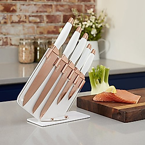TOWER Damascus Effect Kitchen Knife Set with Stainless Steel Blades and Acrylic Stand, 5 Piece, Rose Gold/White