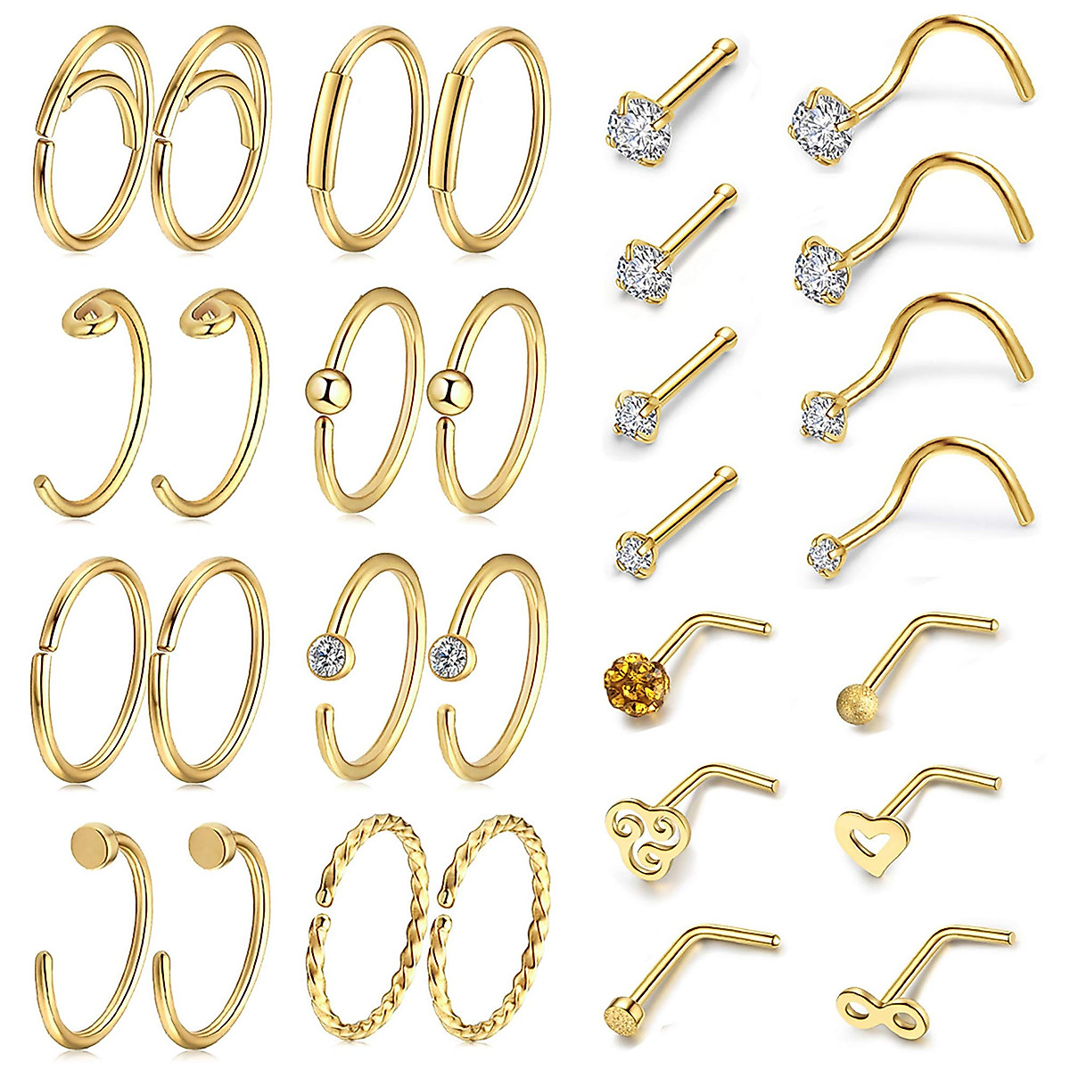 AllerPierce 20G Gold Nose Rings Sets Bone Screw L Shaped Nose Studs Tragus Cartilage Nose Ring Hoop Stainless Steel Nose Piercing Jewelry for Women Men