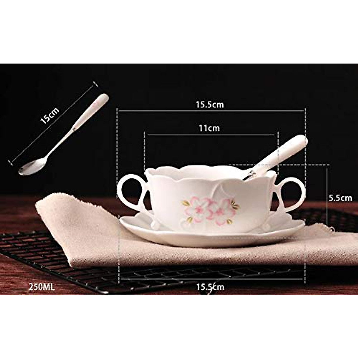 YBK Tech Breakfast Cup Bone China Porcelain Dessert Bowls Soup Mug With Saucer and Spoon (White)