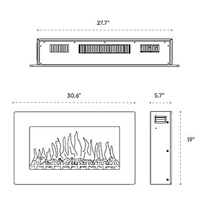 Cambridge Callisto 30 Inch Wall Mounted Flat Panel Electric Fireplace Heater with Remote Control, Realistic Flames, and Crystal Rock Display for Living Room, Bedroom, Home Office, White