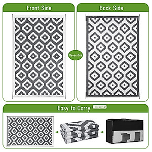 Easy-Going Reversible Outdoor Rugs 6x9ft Waterproof Plastic Straw Rug Stain & UV Resistant Floor Mat for Patio Porch RV Backyard Pool Deck Picnic Beach Trailer Camping (Diamond/Gray & White)
