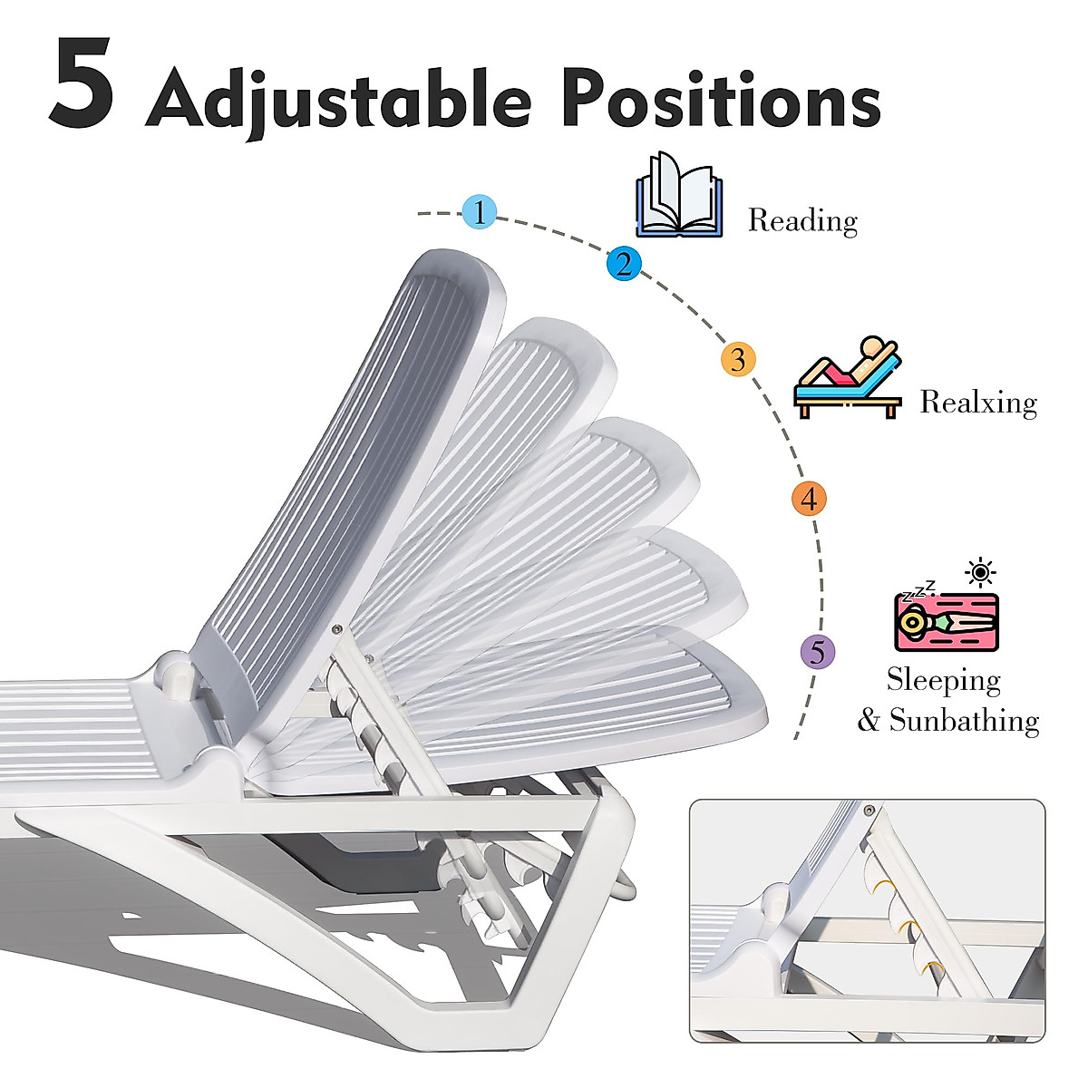 Domi Outdoor Chaise Lounge Set of 3, Pool Lounge Chairs Plastic Adjustable Recliners Tanning Lounge Chair with Table for in-Pool Sunbathing Beach Lawn Poolside, White