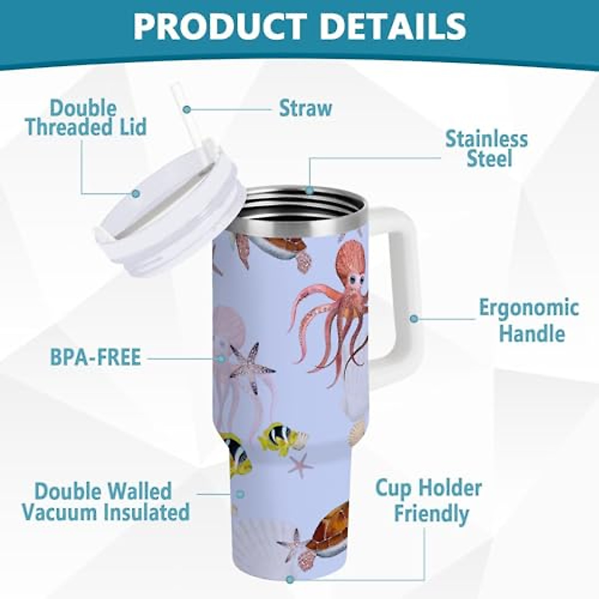 DIGTIA Stainless Steel Insulated Tumbler w/Handle & Straw, Turtles Octopus Double Wall Vacuum Travel Coffee Mug Cup w/Lid, Leak-Proof Sports Fish Sea Water Bottle,30oz