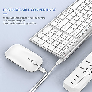 seenda Rechargeable Wireless Keyboard Mouse, Ultra Thin Low Profile Wireless Keyboard and Mouse with Number Pad, Quiet Portable Combo Compatible for Windows XP/7/8/10/11/11 Pro, Silver White