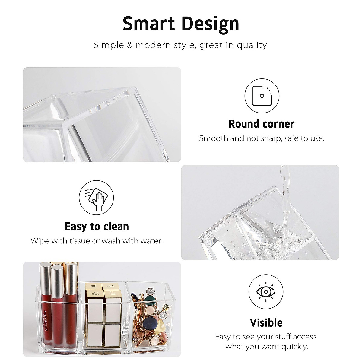 Syntus Makeup Brush Holder Organizer, Acrylic 3 Slot Large Capacity Cosmetic Brushes Storage Box, Clear