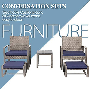 Festival Depot 5 Pieces Patio Outdoor Conversation Chairs Cushions Ottomans Set with Coffee Square Table Metal Frame Furniture Garden Bistro Seating Thick Soft Cushions (Blue)