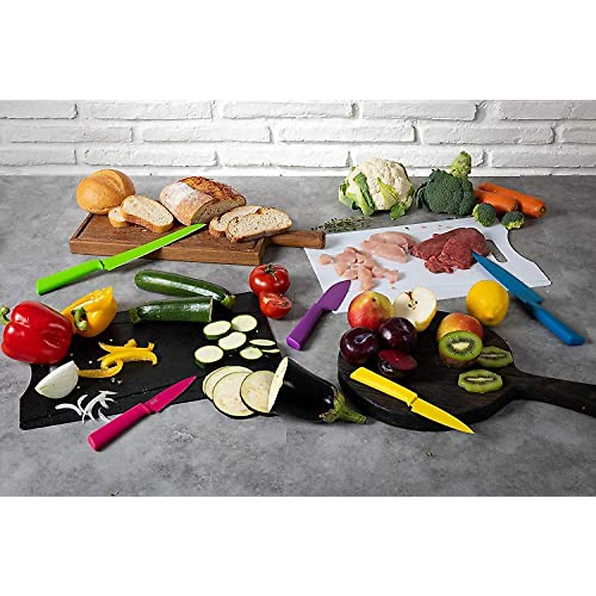 KUHN RIKON Colori+ Non-Stick Straight Paring Knife with Safety Sheath, 4 inch/10.16 cm Blade, Funky Fruit Strawberry