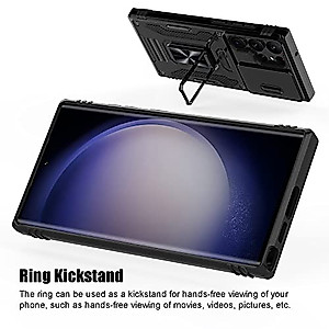 SYONER for Samsung Galaxy S23 Ultra Case, Shockproof Phone Case with Sliding Camera Cover & Rotatable Ring Holder Kickstand + Soft TPU Screen Protector for Galaxy S23 Ultra (6.8", 2023) [Black]