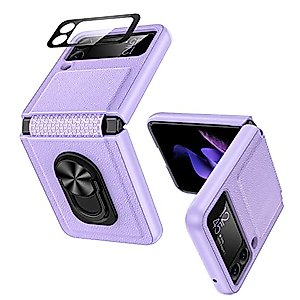 VEGO for Galaxy Z Flip 3 Ring Stand Case, Z Flip 3 All-Inclusive Cover Case with Hinge Protection and Glass Camera Lens Screen Protector for Samsung Galaxy Z Flip 3 5G (2021) - Purple
