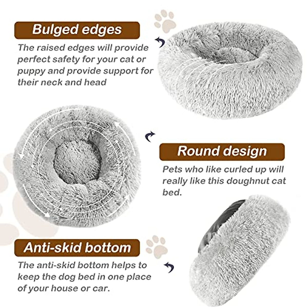 CAPSCEOLL Calming Dog Cat Bed Round Donut Dog Bed Warming Fluffy 20 Inches Anti-Anxiety Bed for Small Medium Dogs and Cats with Non-Slip Bottom,Grey
