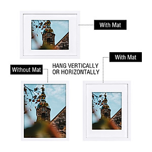 11x14 Real Wood Photo Frame - White Color - Mat for 8x10 Picture Included - Wall Mounting - Portrait/Landscape - Real Glass Panel - Classic Simple Design - Perfect for Group Shots, Family Photographs