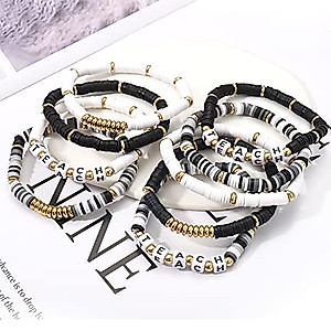 NLCAC 9 Pack Preppy Teacher Bracelets Stackable Rainbow Heishi Teach Beaded Stretch Surfer Bracelet Teacher Appreciation Gifts Back to School Jewelry