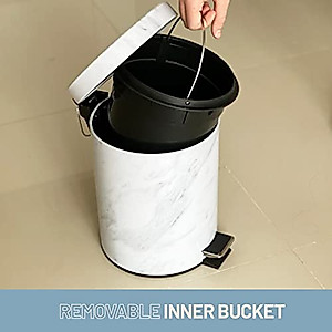 AWENN - Kitchen Garbage Trash Can with Lid and Pedal - Touchless Round Shape Waste Bin - Galvanized Steel Dustbin for Kitchen, Bathroom, Office and Outdoors – Marble (1.3 Gallon – 5 Liters)
