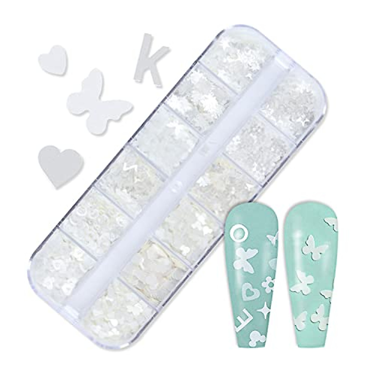 12 Grids White Nail Art Glitter Sequins 3D Holographic Heart,Star, Letter,Butterfly,Glitter Sequins Confetti Nail Decals Decorations for Women Girls Eye Face DIY Sequins for Crafts Supplies Set